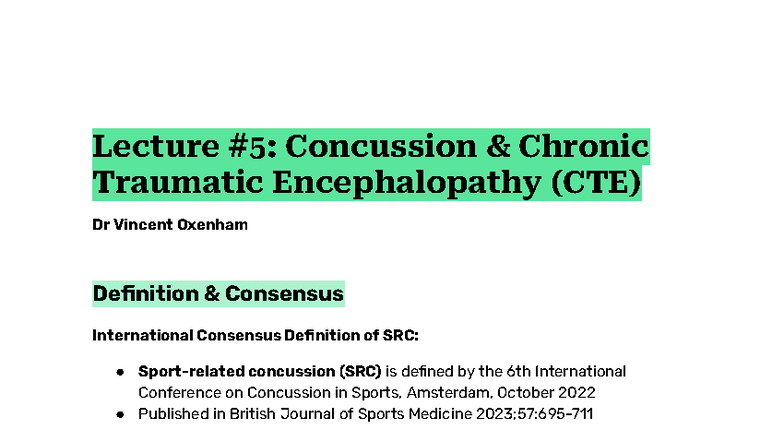 Lecture #5: Concussion & Chronic Traumatic Encephalopathy (CTE ...