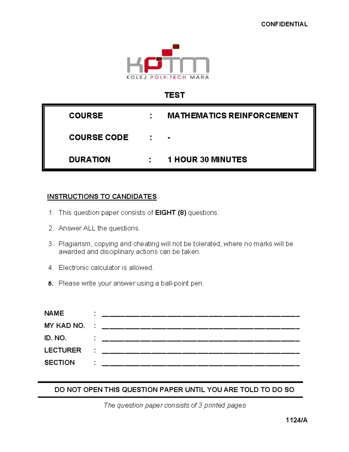 Mathematics Reinforcement Test KJP 1124 - Set A Question Paper - Studocu