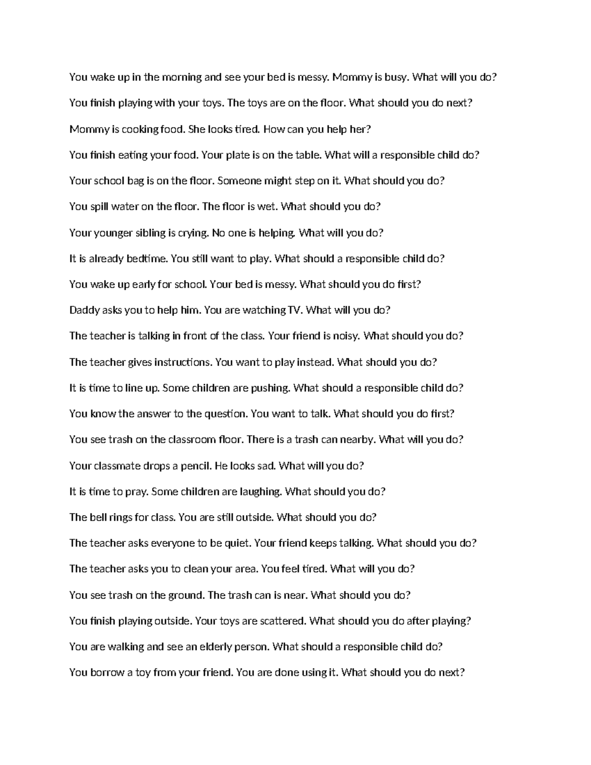 Scenarios for Grade 1: Responsible Choices and Actions - Studocu