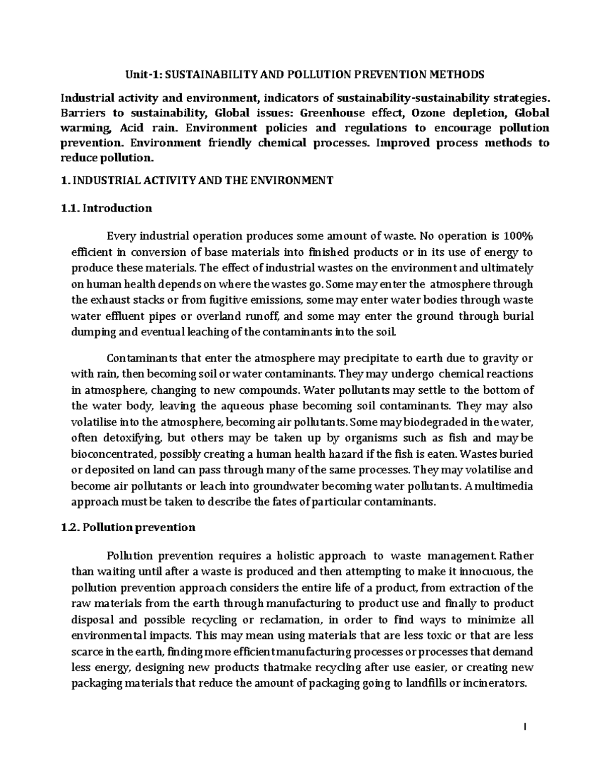 21R-PA-UNIT 1 - notes - Unit-1: SUSTAINABILITY AND POLLUTION PREVENTION ...