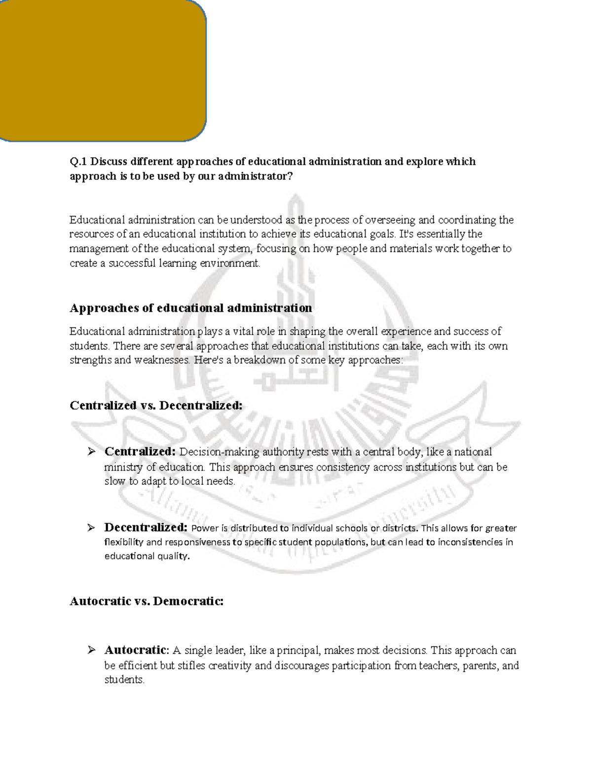 Course 8605: Assignment 1 - Approaches to Educational Administration - Studocu