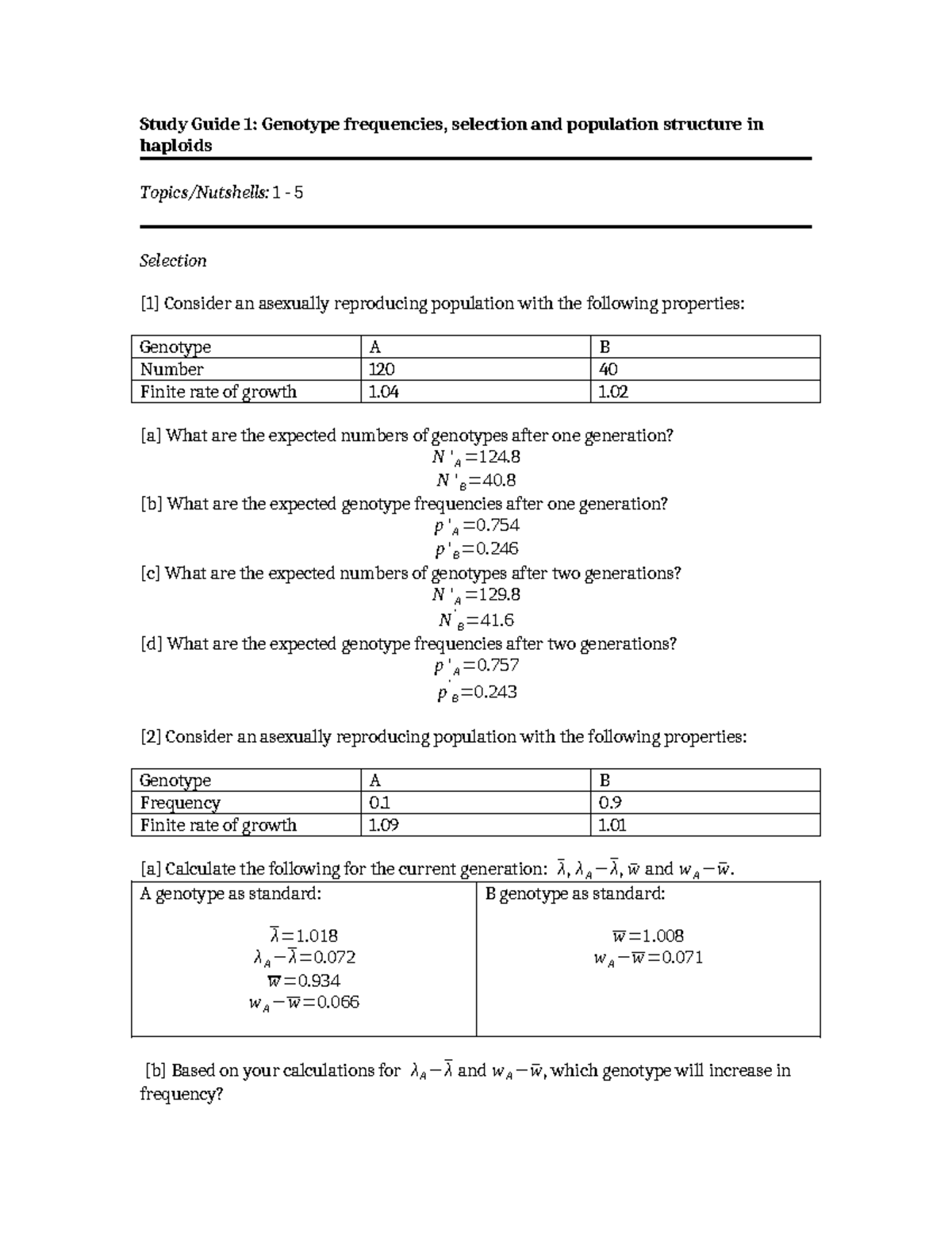 Study Guide 1 Key: Genotype Frequencies, Selection & Population ...