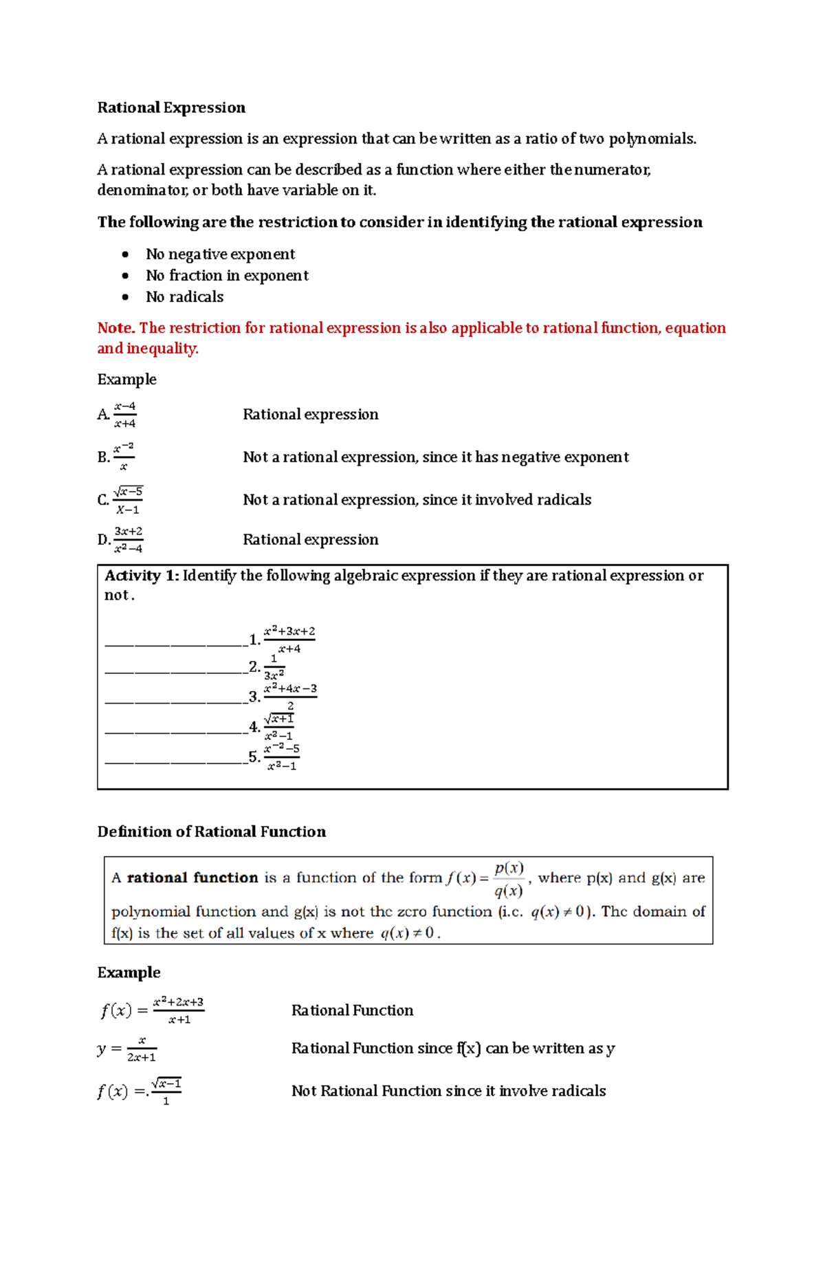 MATH101 - Module 1: Understanding Rational Expressions & Functions ...