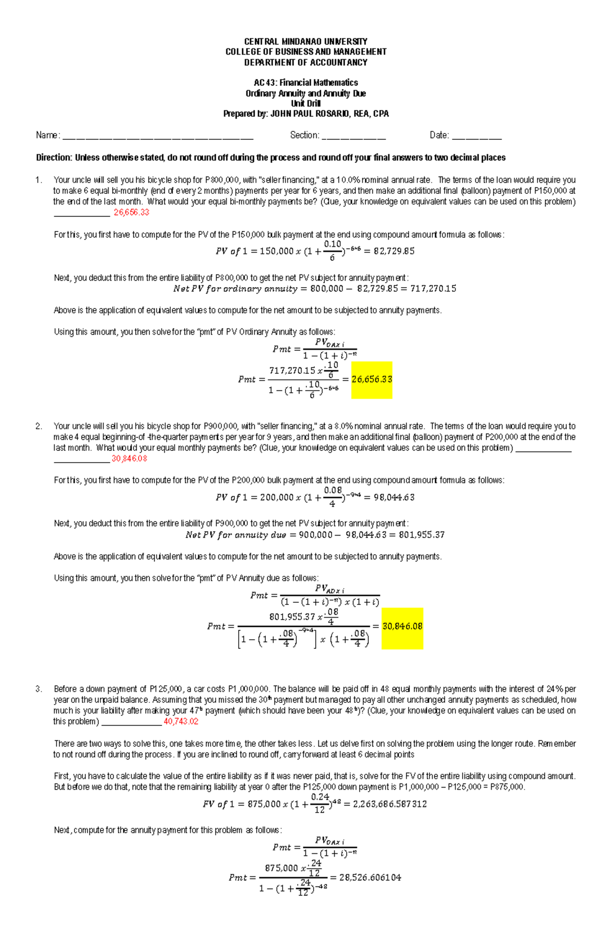 AC 43: Financial Mathematics Unit IV & V Drill Answer Key - Studocu