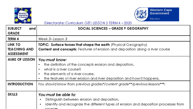 Grade 9 SS Geography T4 W3: Erosion & Deposition Lesson Plan - Studocu