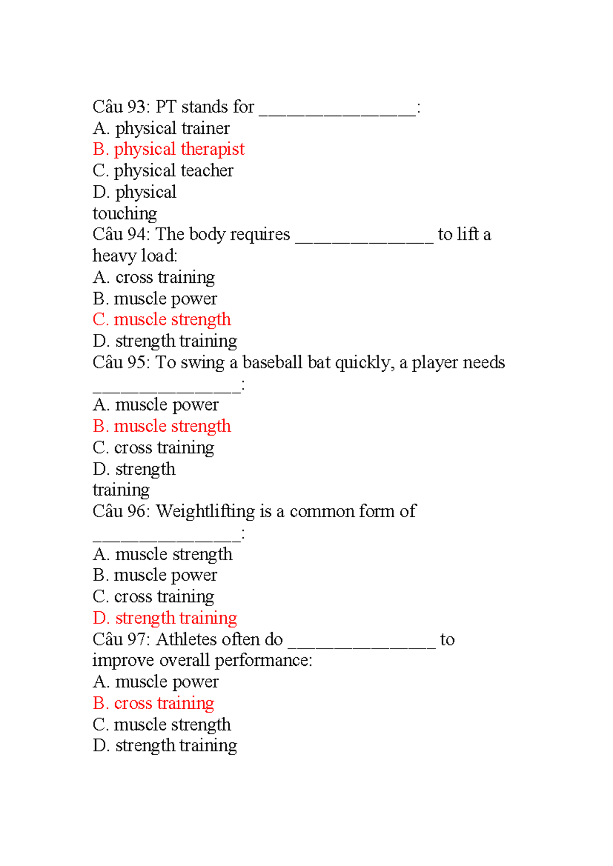 Câu 93-187: Quiz on Muscle Strength and Aerobic Exercise Concepts - Studocu