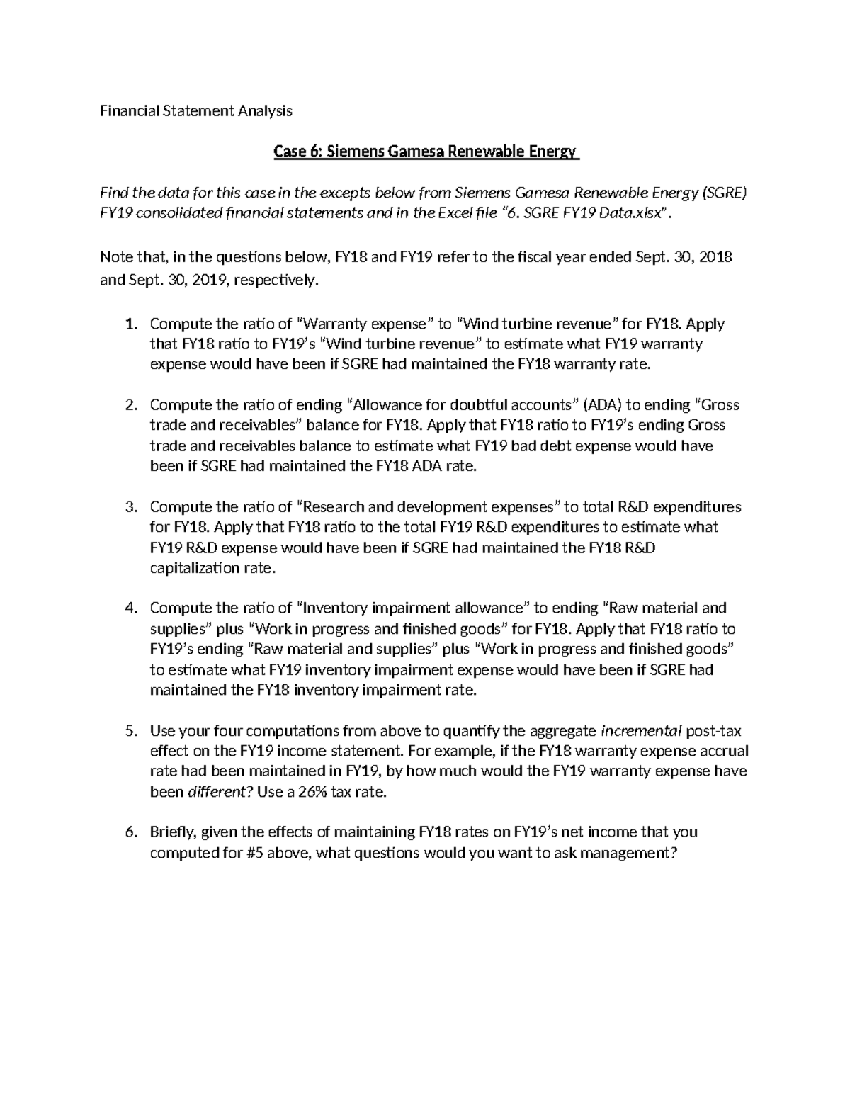 SGRE FY19 Revenue and Operating Expenses case - Financial Statement Analysis Case 6: Siemens ...