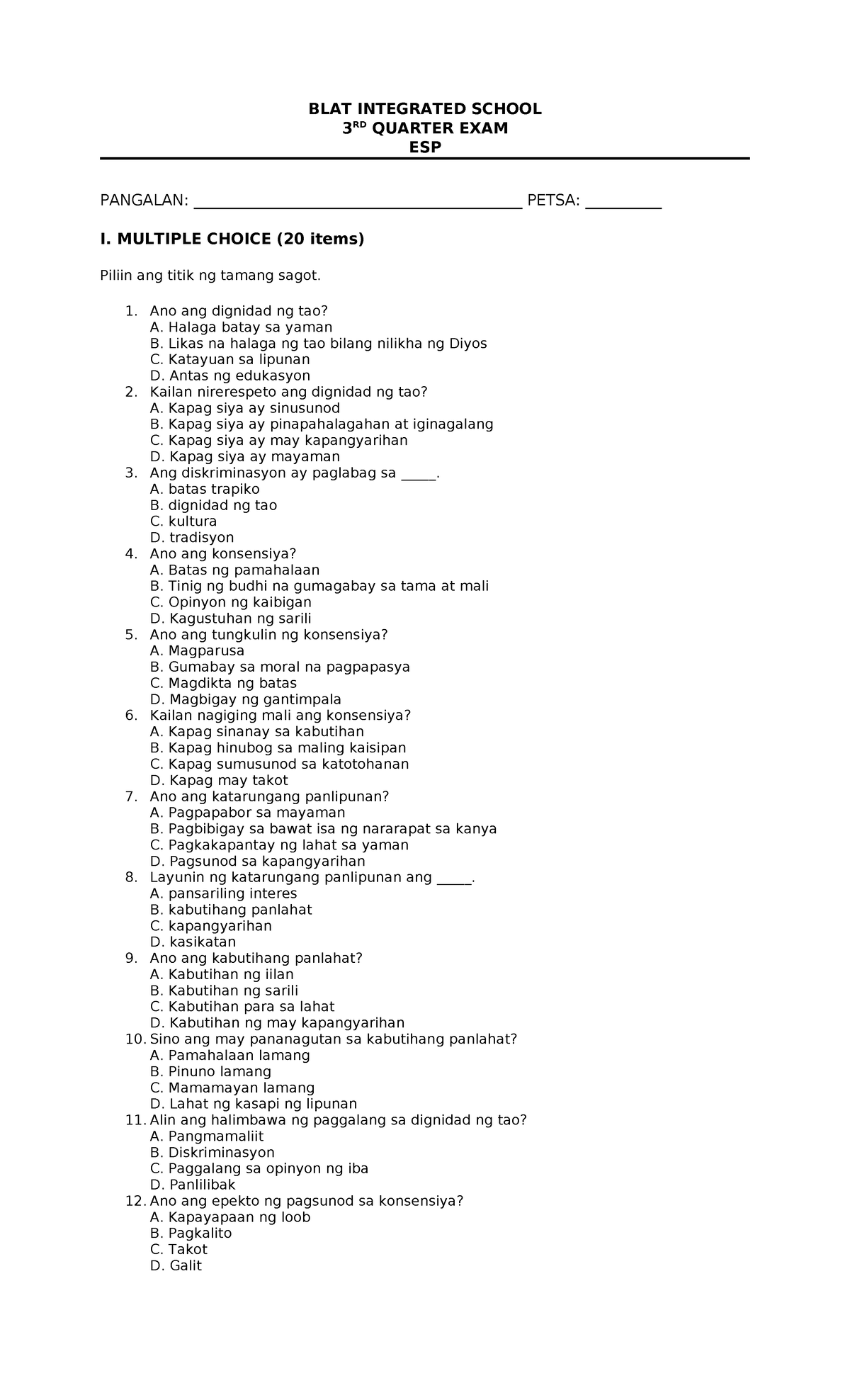 BLAT INTEGRATED SCHOOL 3RD QUARTER EXAM ESP MULTIPLE CHOICE - Studocu