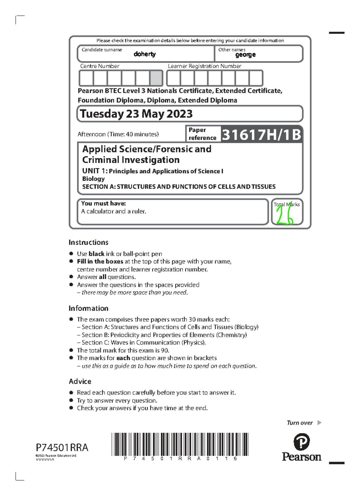 BTEC Level 3 Biology Exam Paper - Unit 1: Principles of Science - Studocu