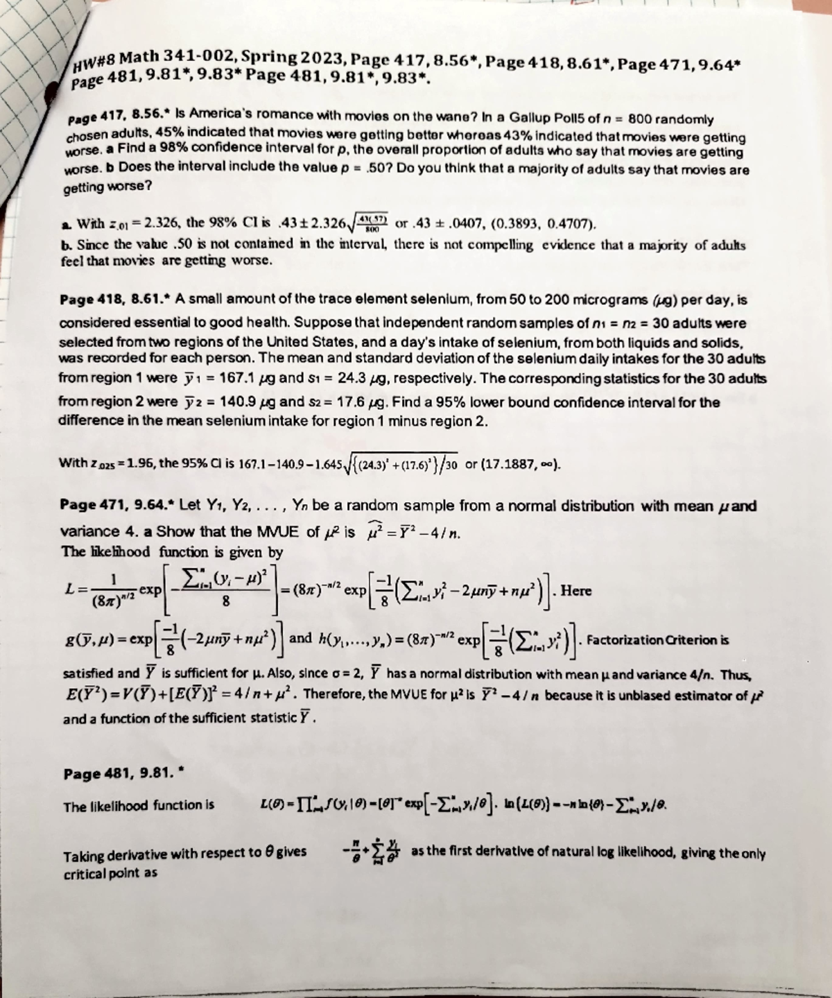 Math 341-002 Homework Solutions #08: Confidence Intervals & MLEs - Studocu