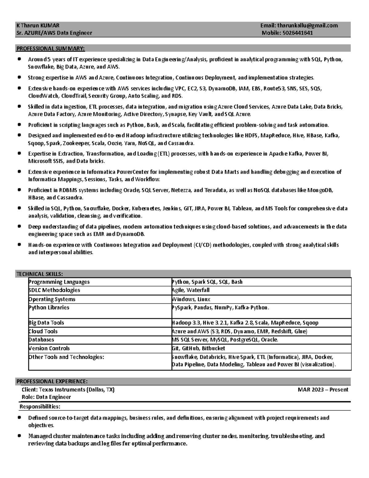 Data Engineer Profile - K Tharun KUMAR (Professional Summary) - Studocu