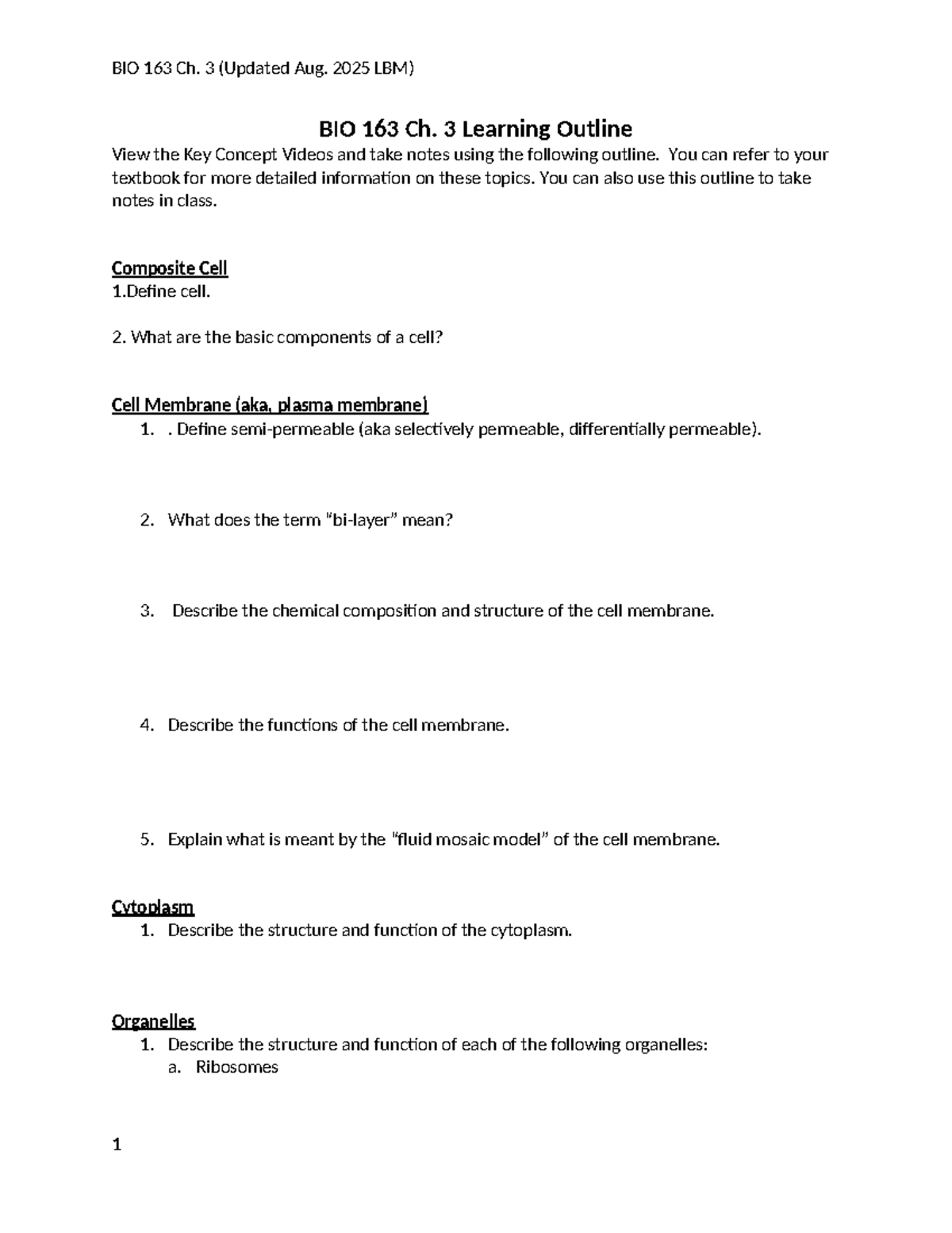 BIO 163 Ch. 3 Learning Outline: Cell Structure & Functions - Studocu
