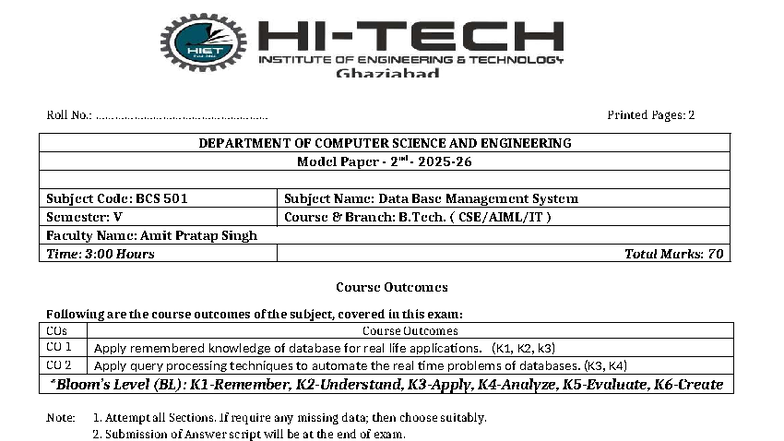 DBMS Model Paper 2 (BCS 501) - Semester V Exam 2025-26 - Studocu