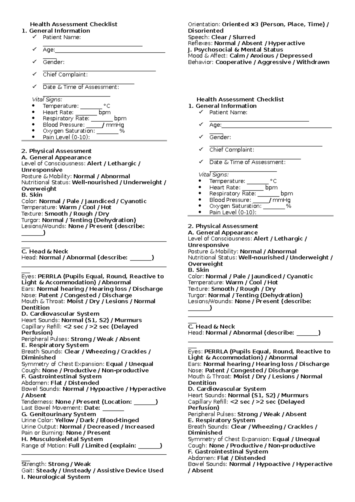 Health Assessment Checklist: Comprehensive Patient Evaluation - Studocu