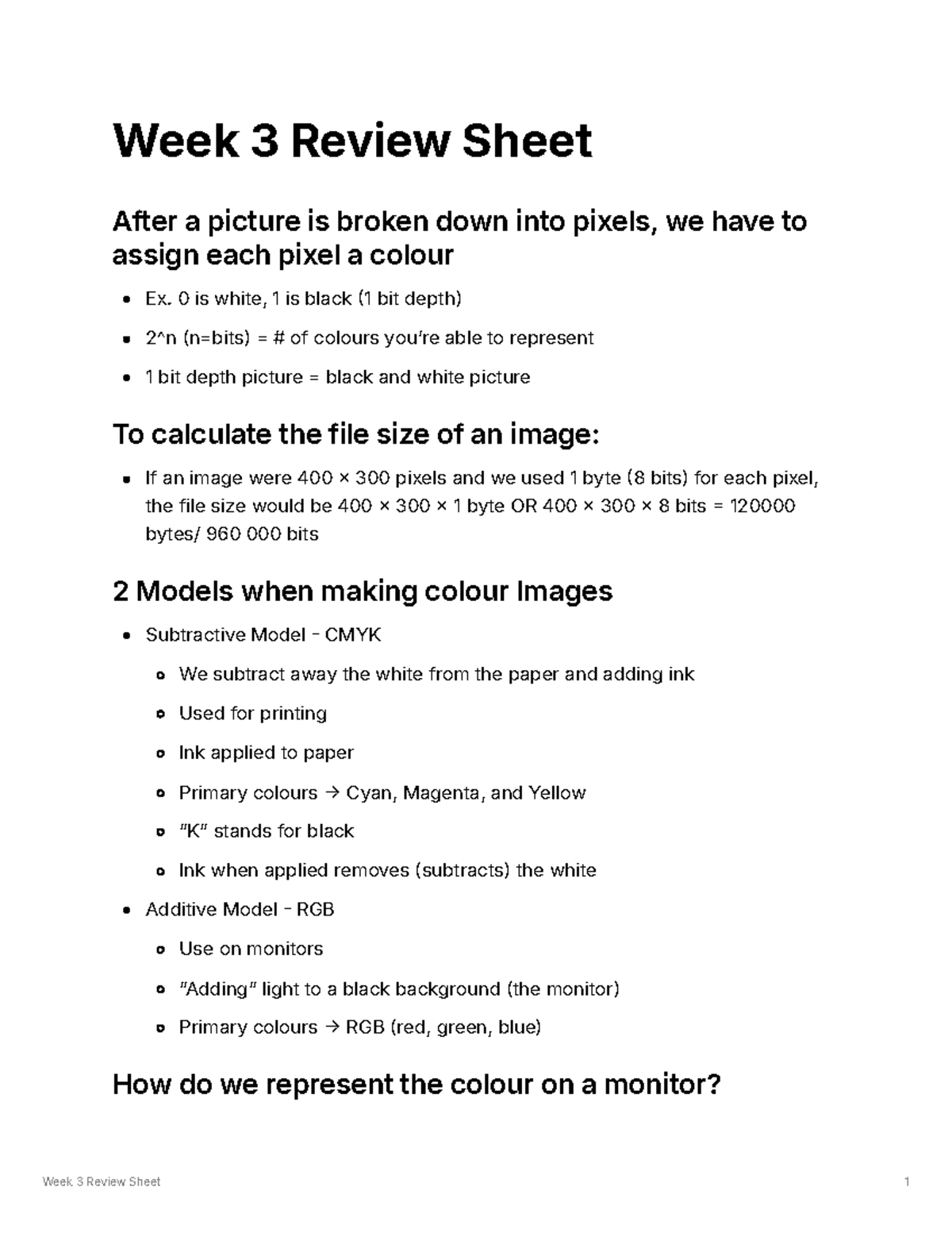 Week 3 Review Sheet: Image Representation & Compression Techniques ...