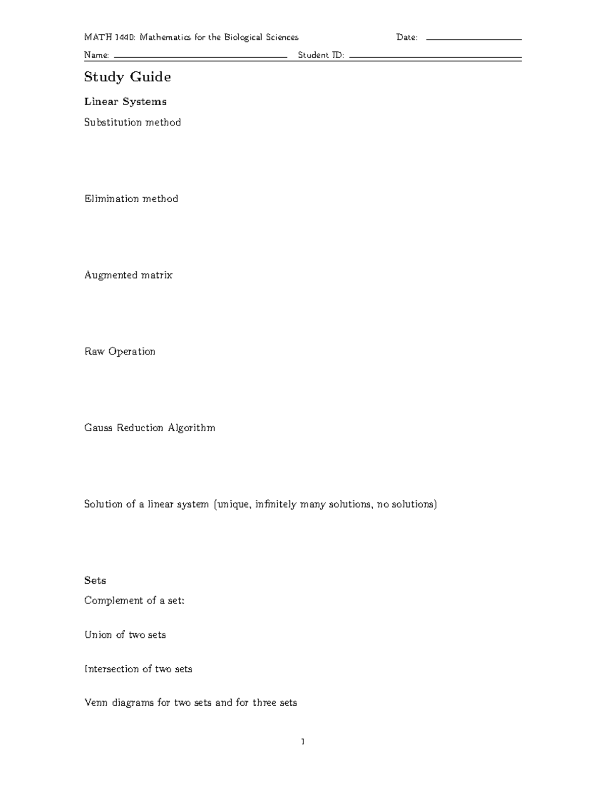 MATH 1440 Study Guide: Linear Systems & Probability - Studocu