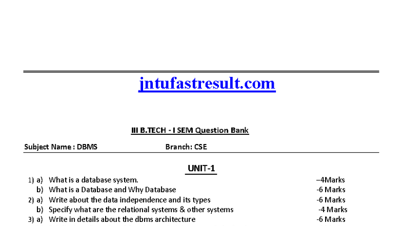 CSE 3-1 DBMS & OOAD Question Bank for B.Tech I Sem - Studocu