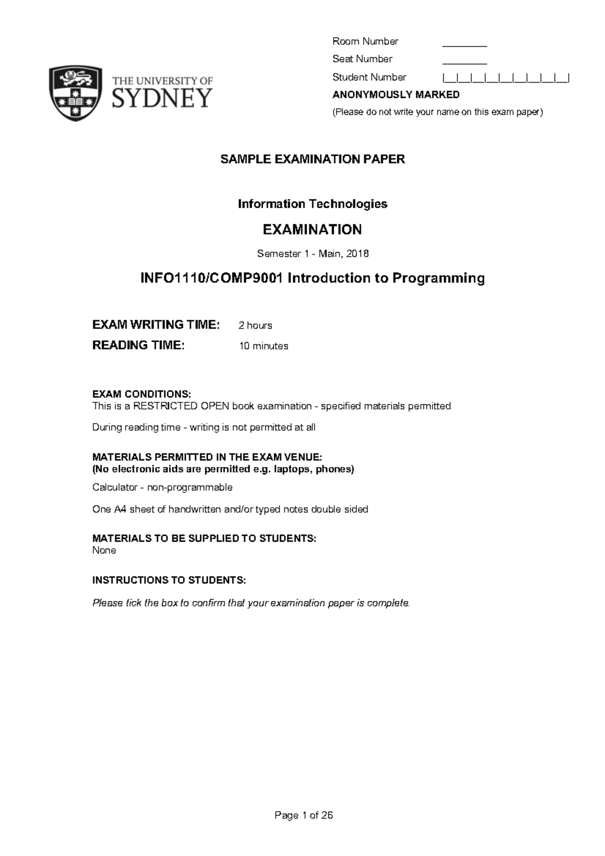 INFO1110/COMP9001 Sample Exam Paper - Semester 1, 2018 - Studocu