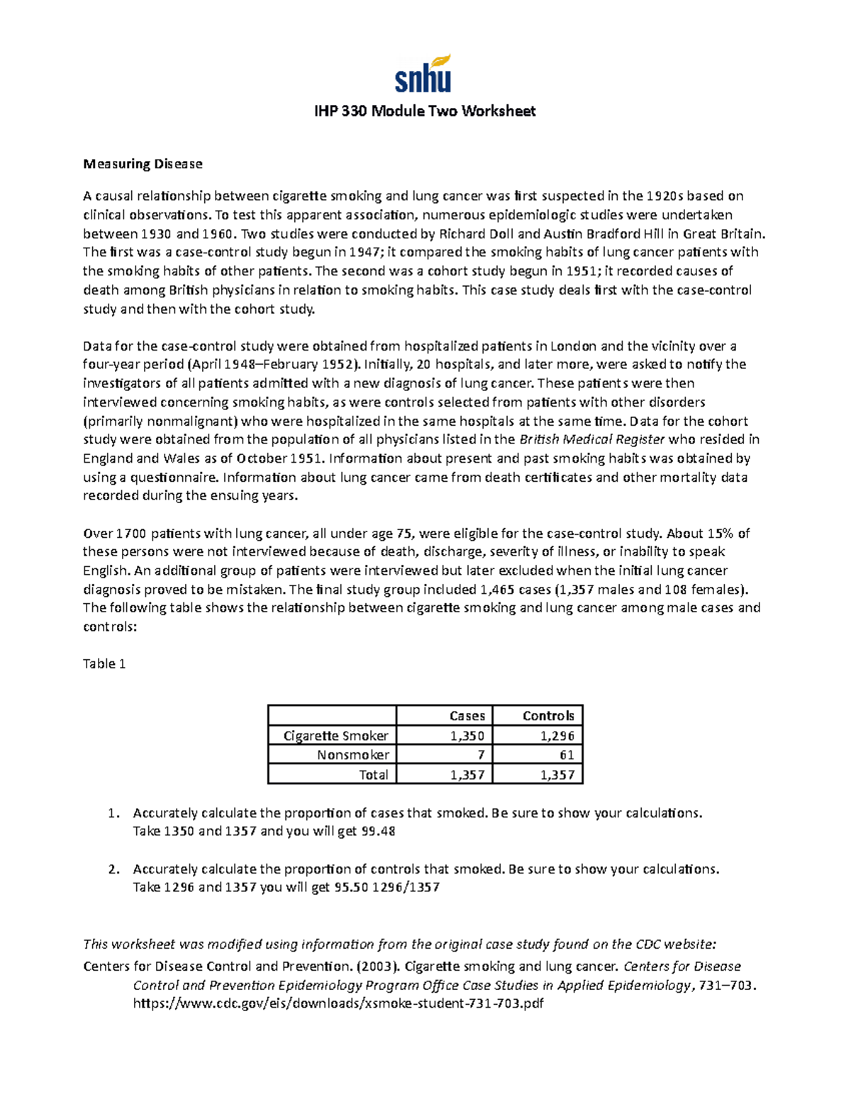 IHP 330 Module Two Worksheet: Measuring Disease and Lung Cancer Risk ...