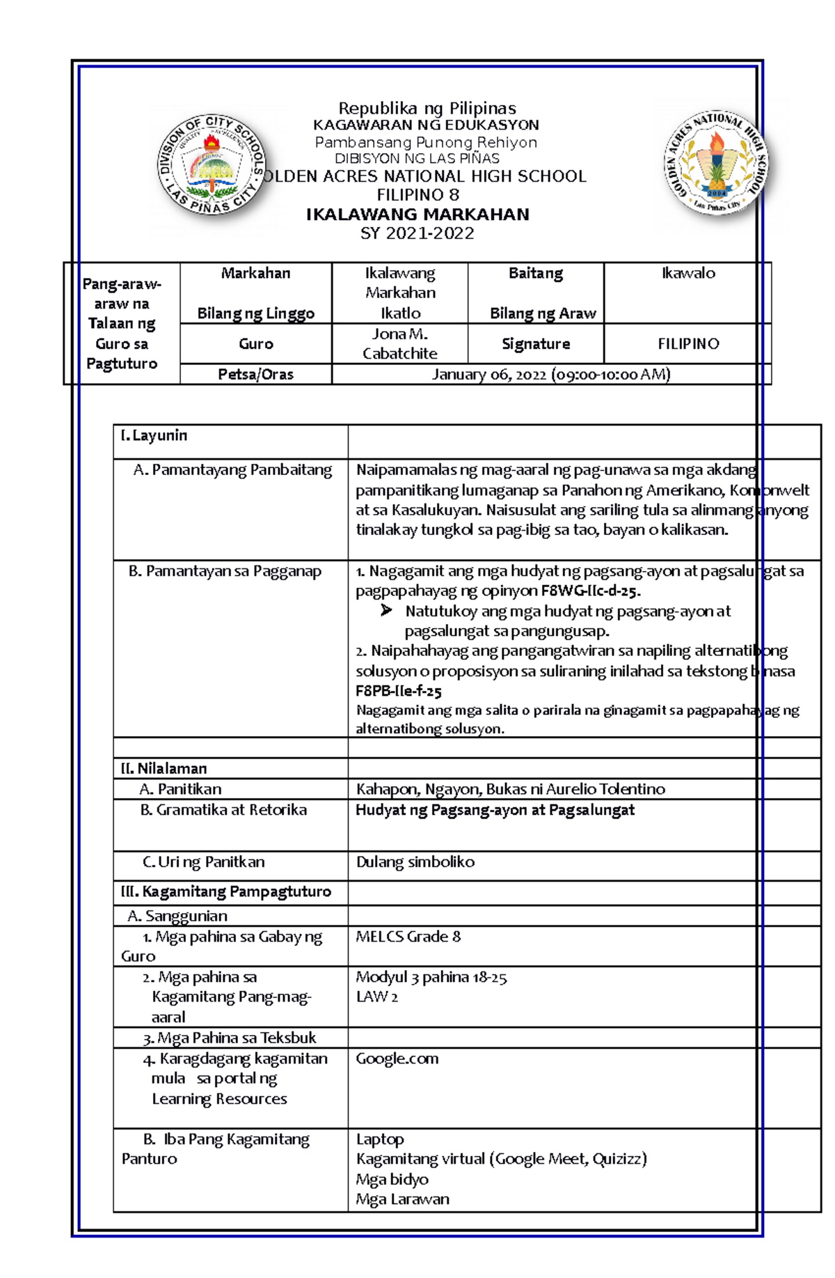 Pagsang-AYON at Pagsalungat: Lesson Plan for FILIPINO 8 - Studocu