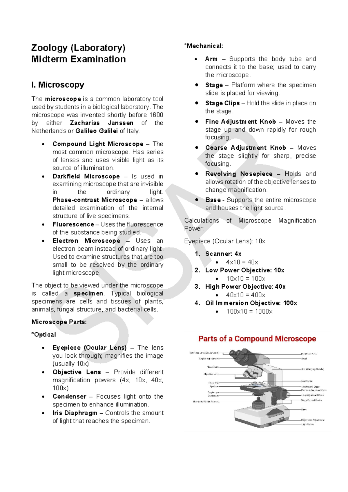 Zoology (LAB) Midterm Exam I: Microscopy & Cell Structure Review - Studocu