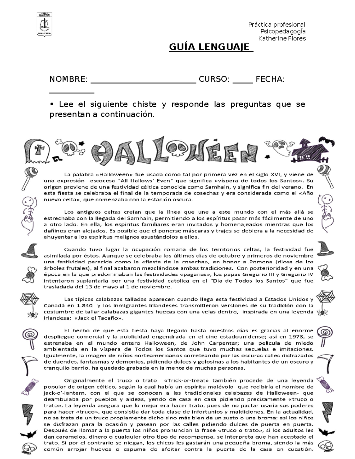 Taller 4: Guía de Comprensión de Textos sobre Halloween - 5to Básico ...