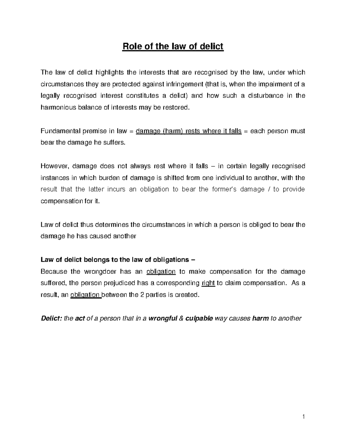 The Role of Law of Delict: Understanding Obligations and Liability ...