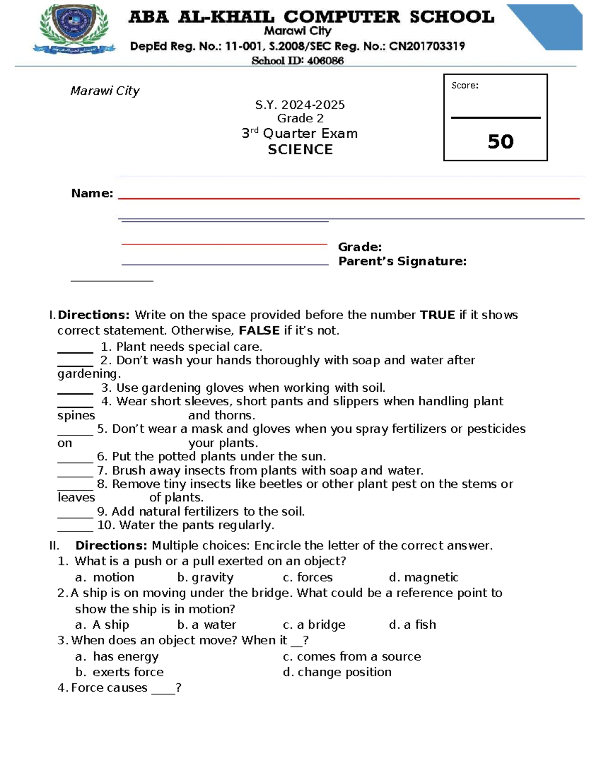 Grade 2 Science S.Y. 3rd Quarter Exam: True/False & Multiple Choice ...