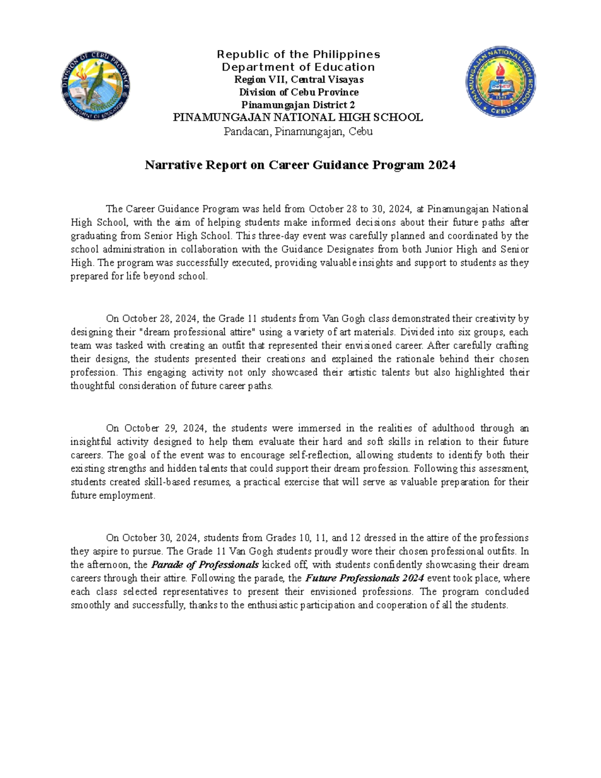 Narrative Report on Career Guidance Program 2024 at PNHS - Studocu