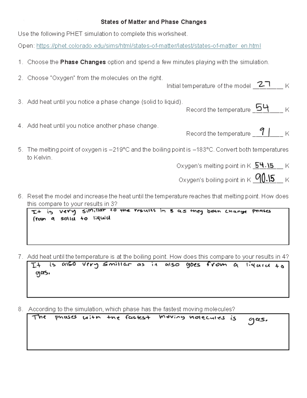 States+and+phase+changes+WS - States of Matter and Phase Changes Use ...