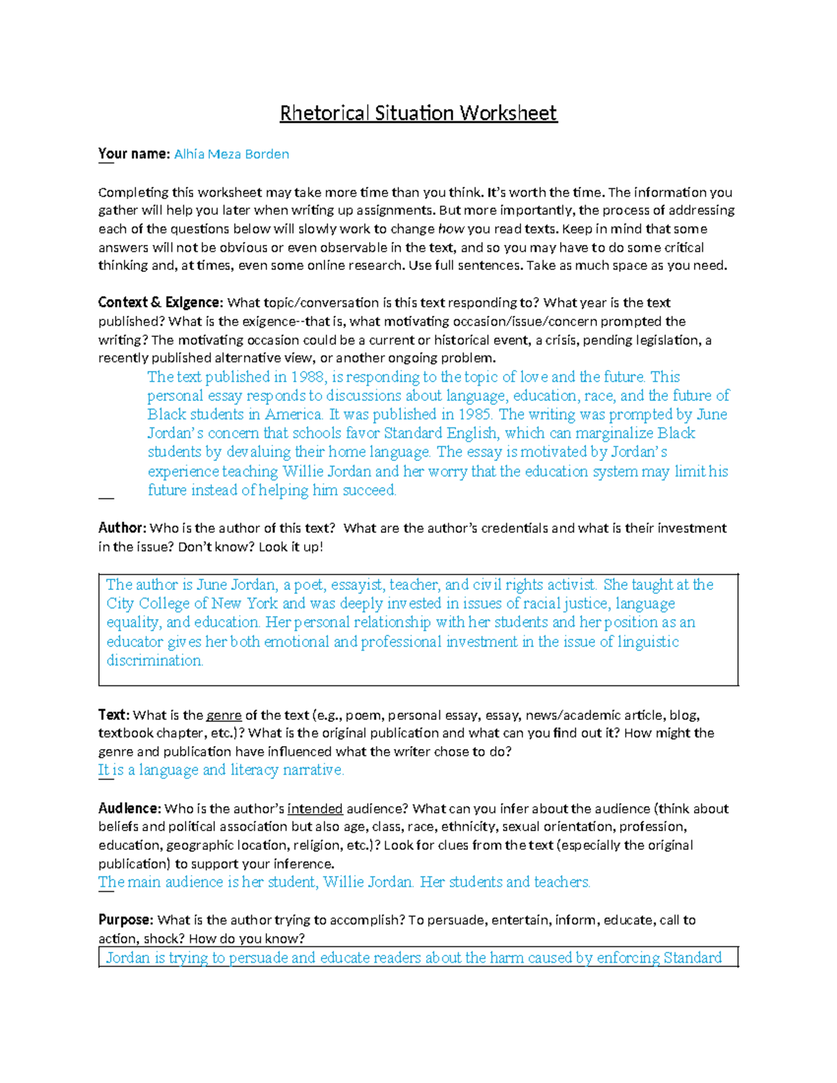 Rhetorical Situation Worksheet Analysis for ENG 101 - Studocu