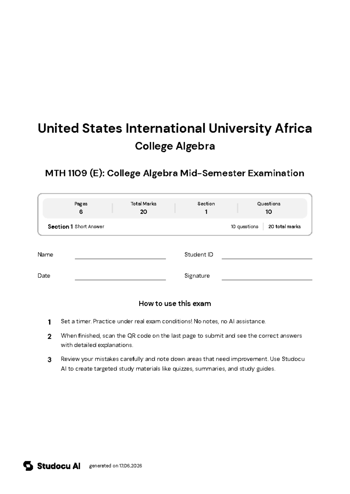 MTH 1109 (E): College Algebra Mid-Semester Exam - Studocu
