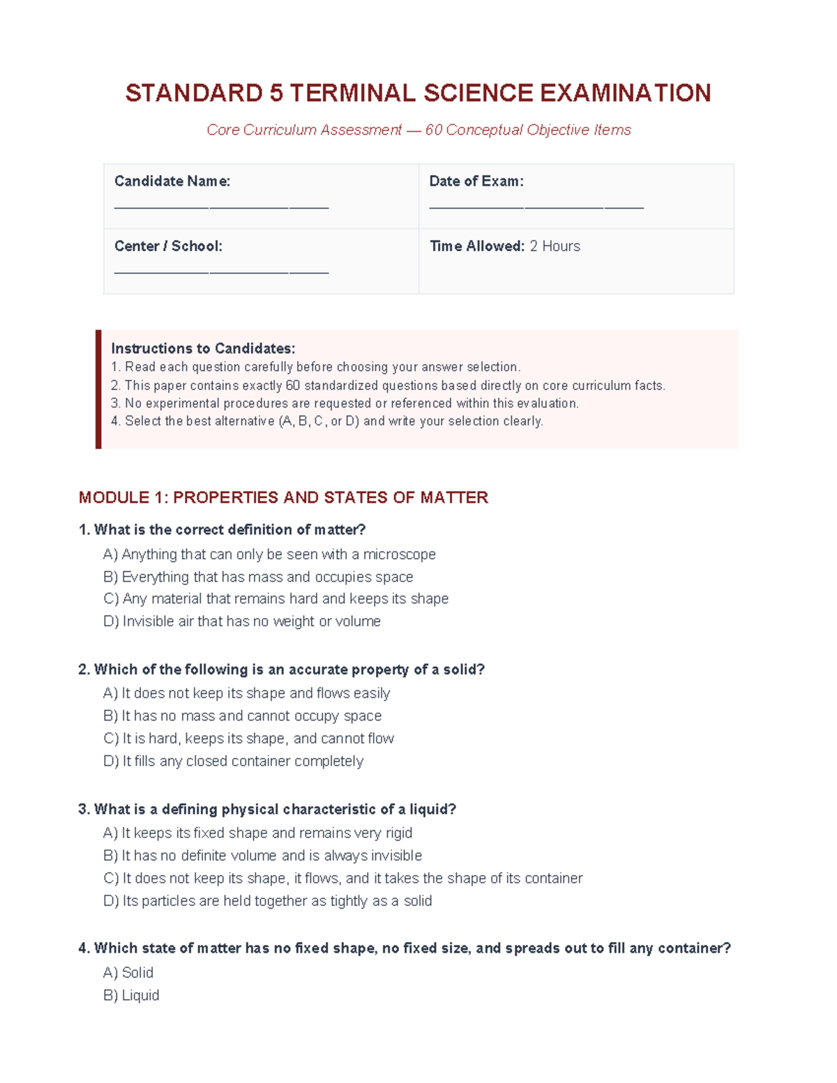Standard 5 Science Exam: 60 Questions on Core Concepts - Studocu