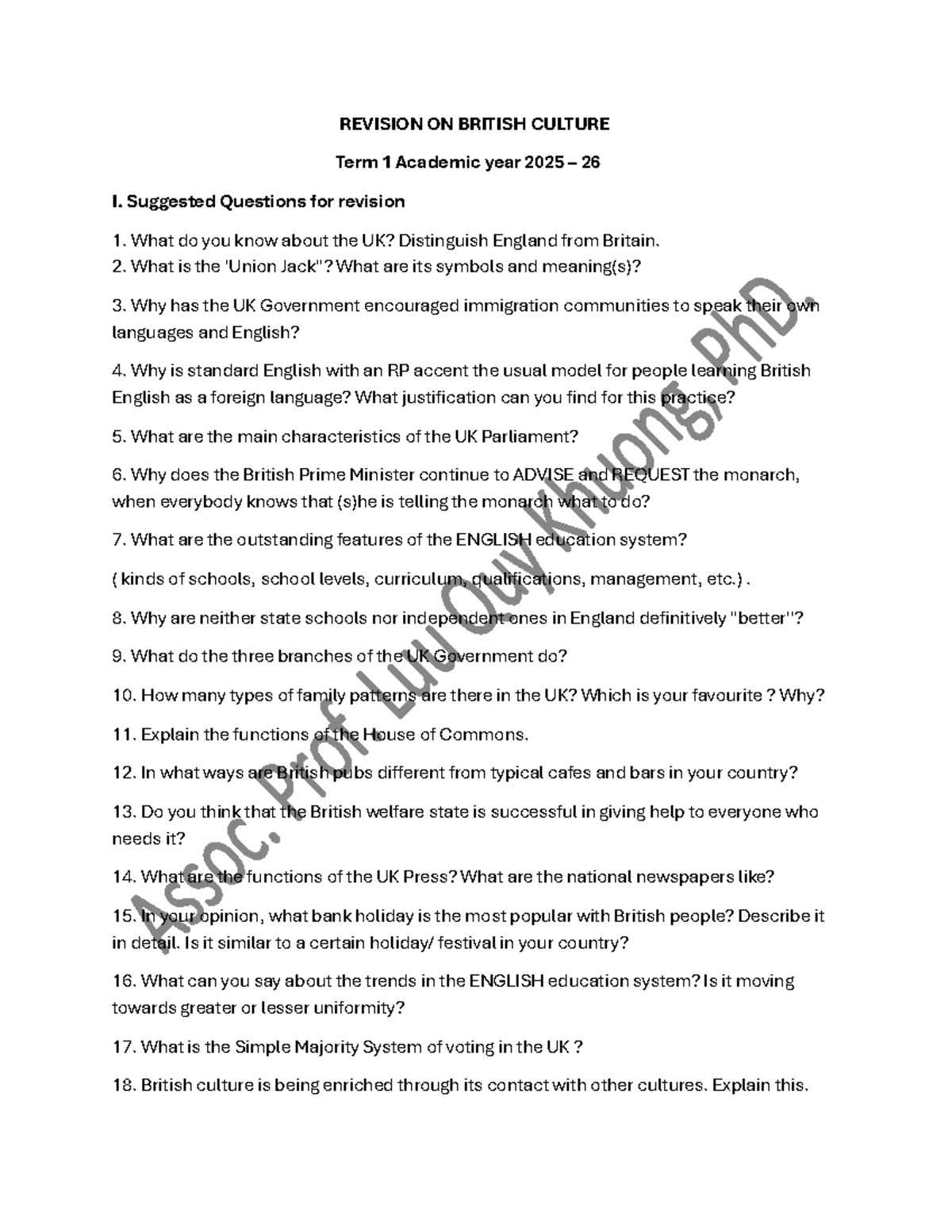 Topics for English Culture Revision (ENG 101) - Term 1 2025-26 - Studocu