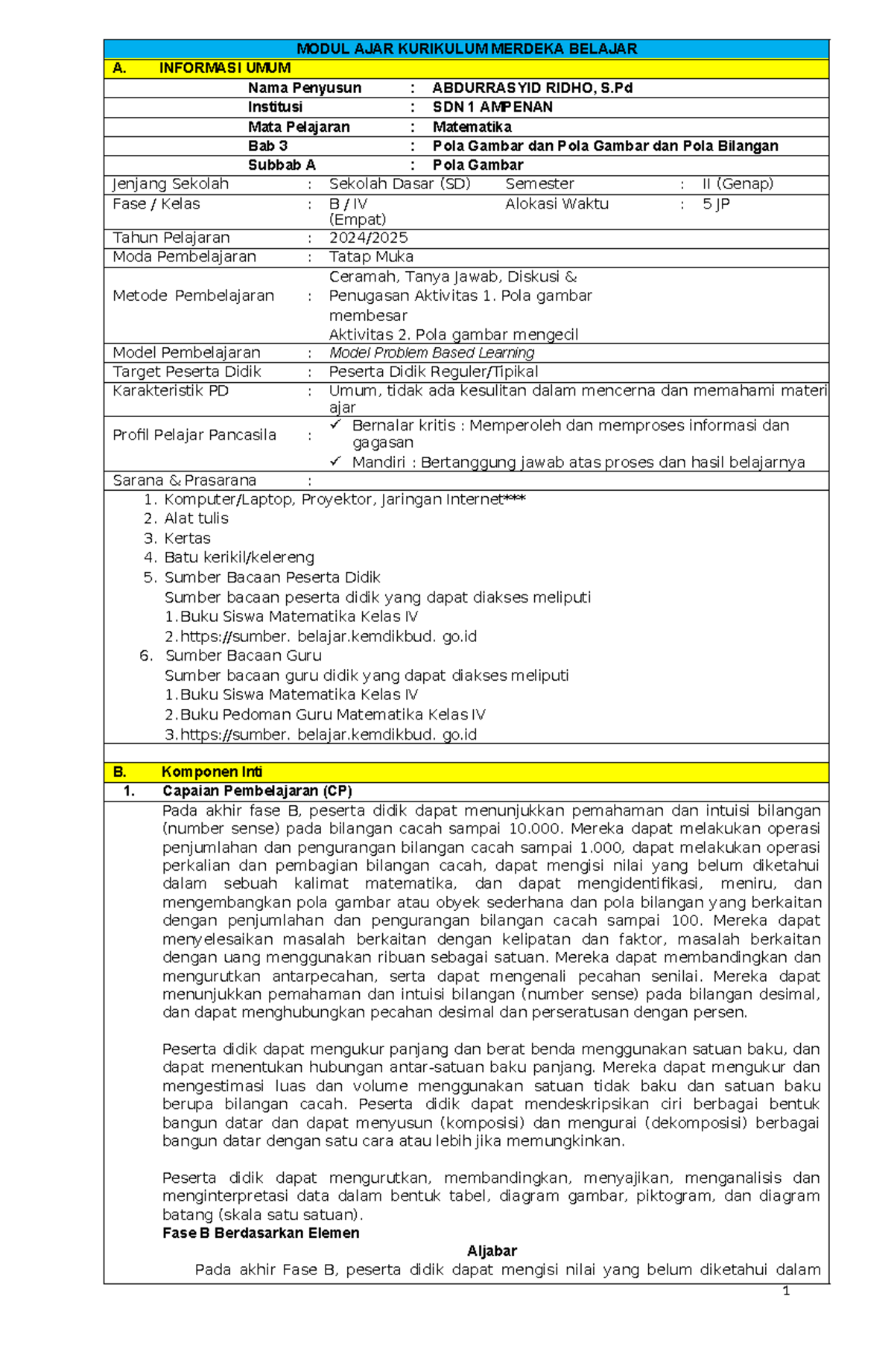 Modul Ajar Matematika Kelas IV: Pola Gambar dan Bilangan (Semester II ...