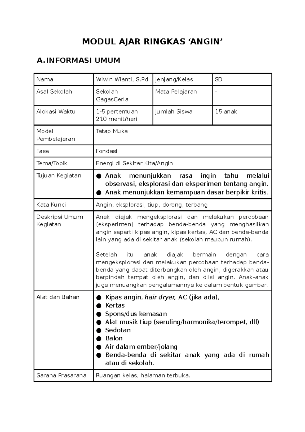 Modul Ajar Ringkas Energi: Angin dan Cahaya untuk SD - Studocu