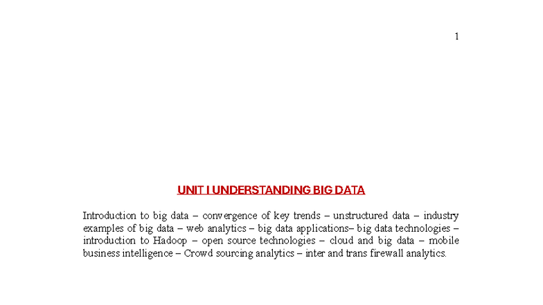 CCS334 BIG DATA ANALYTICS UNIT I LECTURE NOTES: Understanding Big Data ...