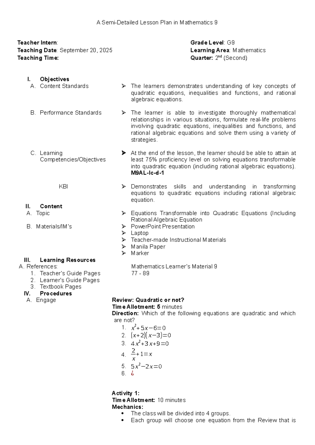 Mathematics 9 Lesson Plan: Transforming Rational Algebraic Equations - Studocu