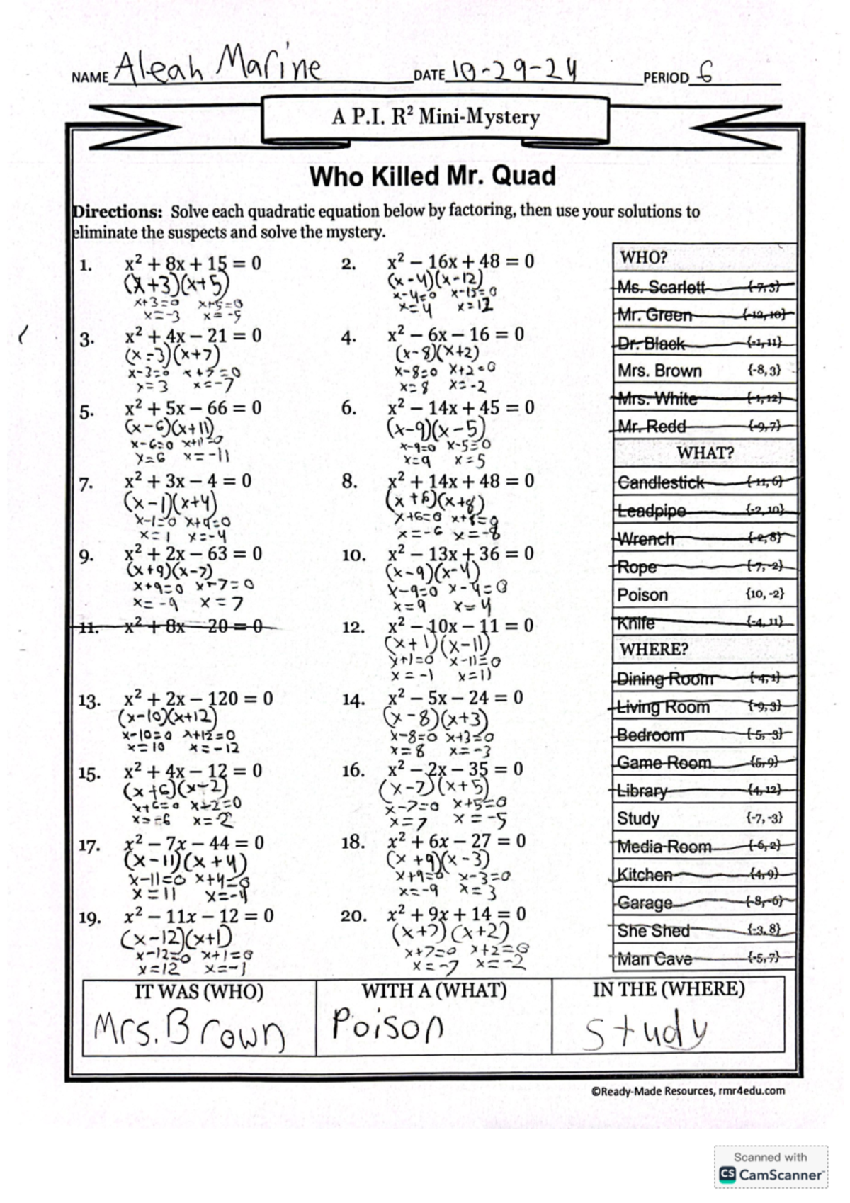 Quadratic Mysteries: Finding Who, What, and Where (AP R2) - Studocu