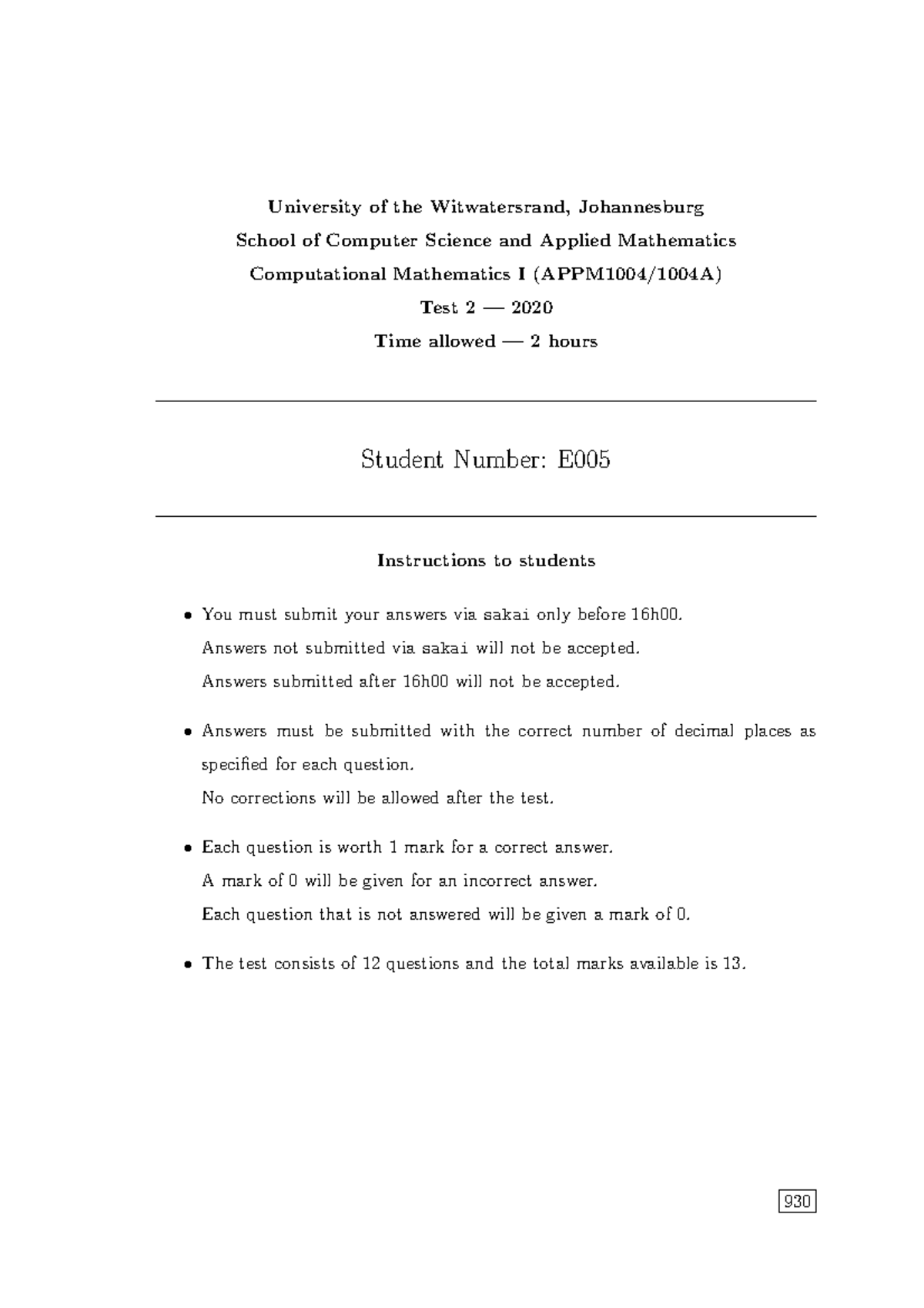 Computational Math I (APPM1004) Test 2 Sample Questions & Solutions ...