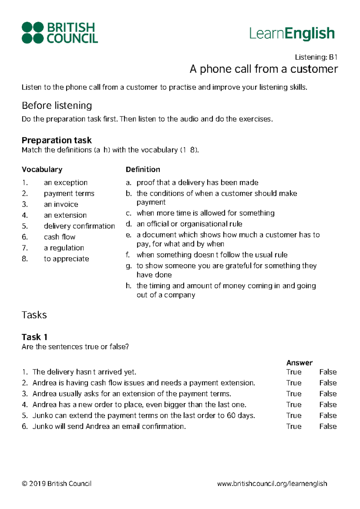 Learn English Listening B1: Customer Phone Call Practice - Studocu