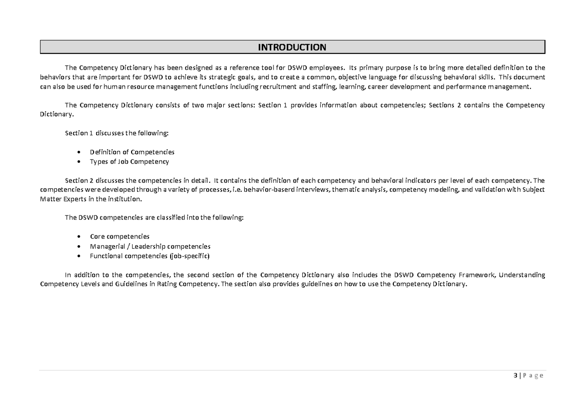 DSWD Competency Dictionary Overview & Key Sections Extract (Page 03 ...