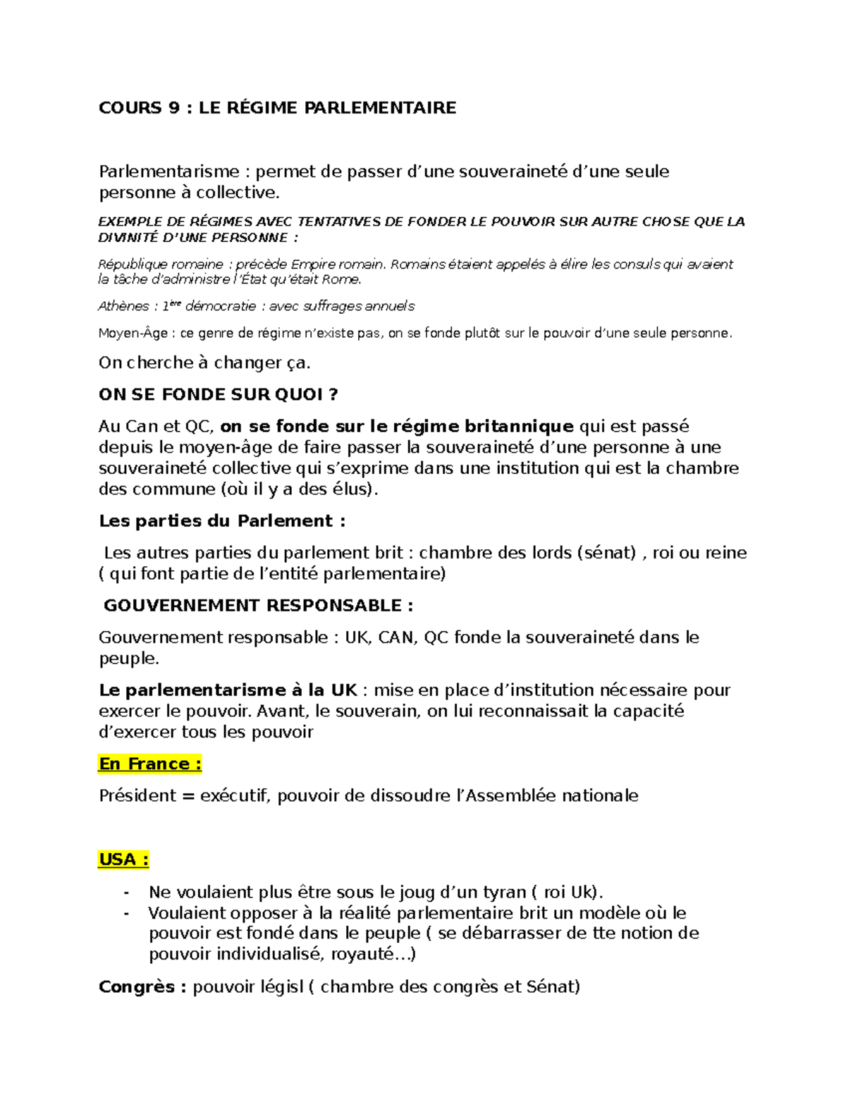 Notes constit - COURS 9 : LE RÉGIME PARLEMENTAIRE Parlementarisme ...