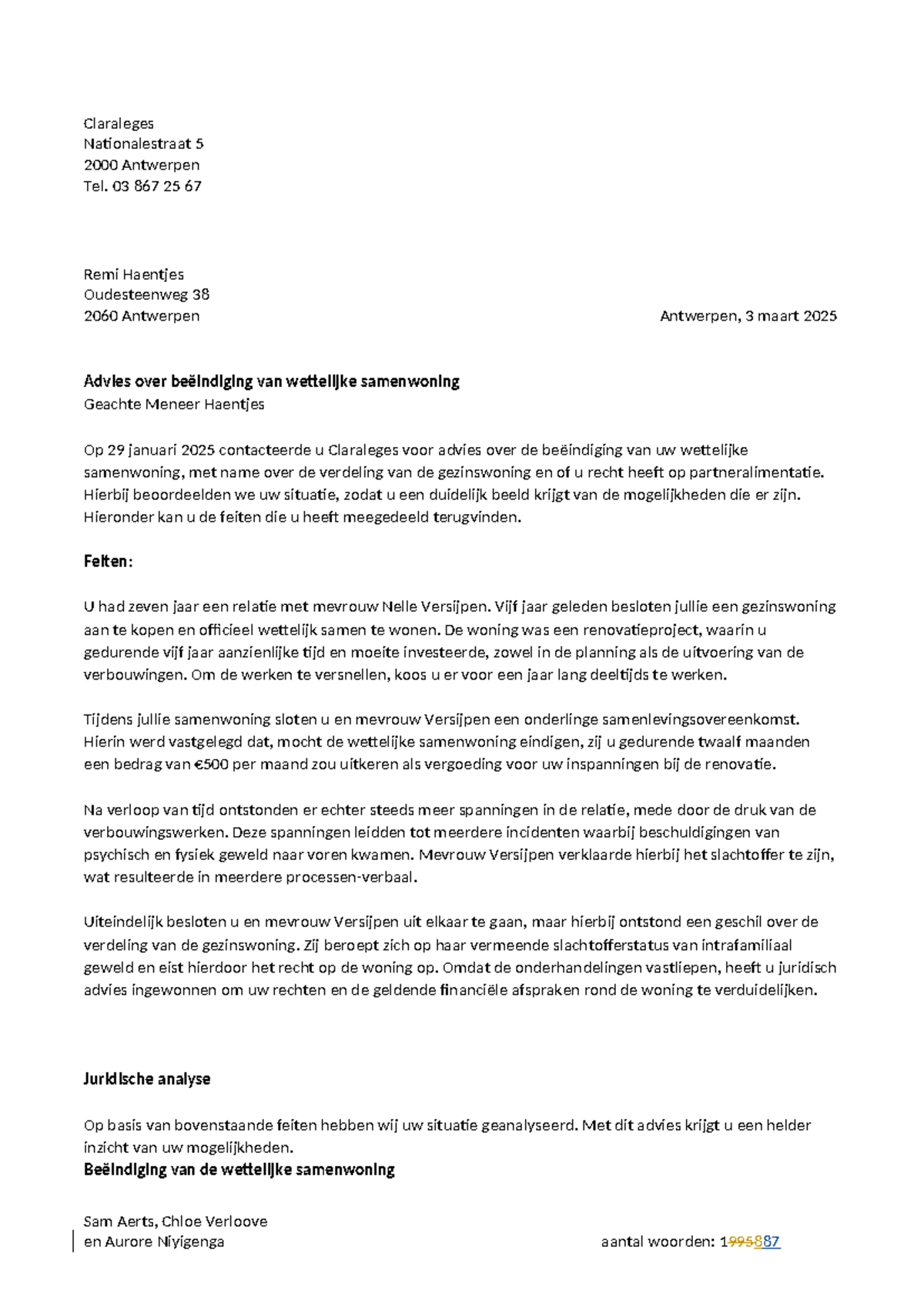 Adviesbrief over Beëindiging Wettelijke Samenwoning - 25 - Studocu