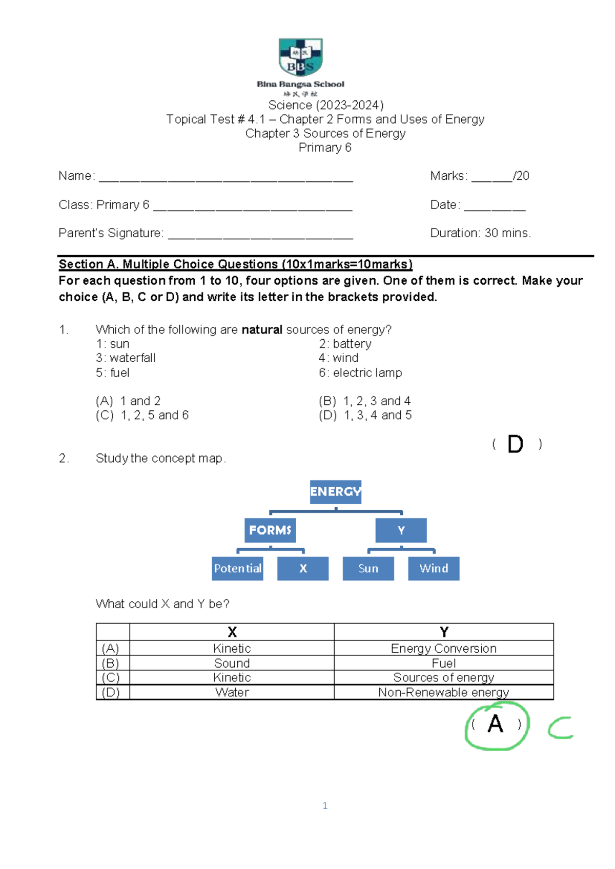 Science Topical Test 4.1: Energy Forms & Sources - Primary 6 - Studocu