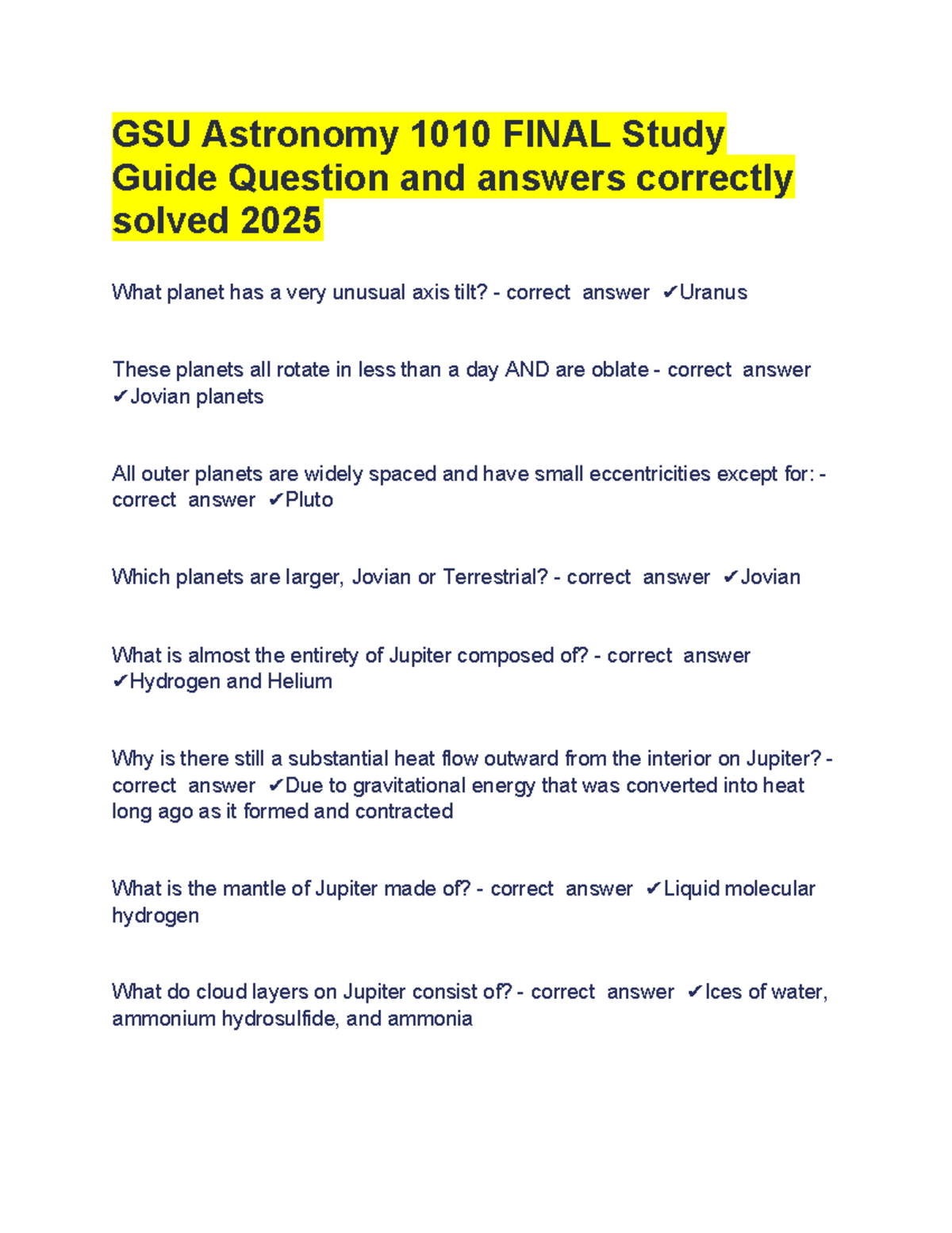 GSU Astronomy 1010 Final Exam Study Guide: Key Questions & Answers 2025 ...