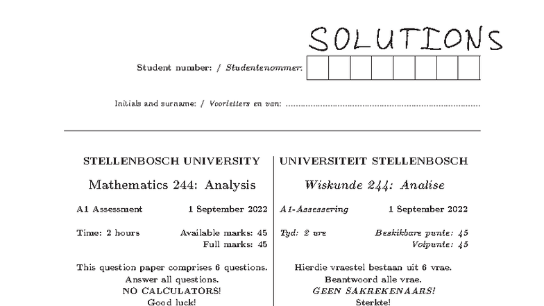 A1 Test Solutions for Mathematics 244 Analysis 2022 - Studocu
