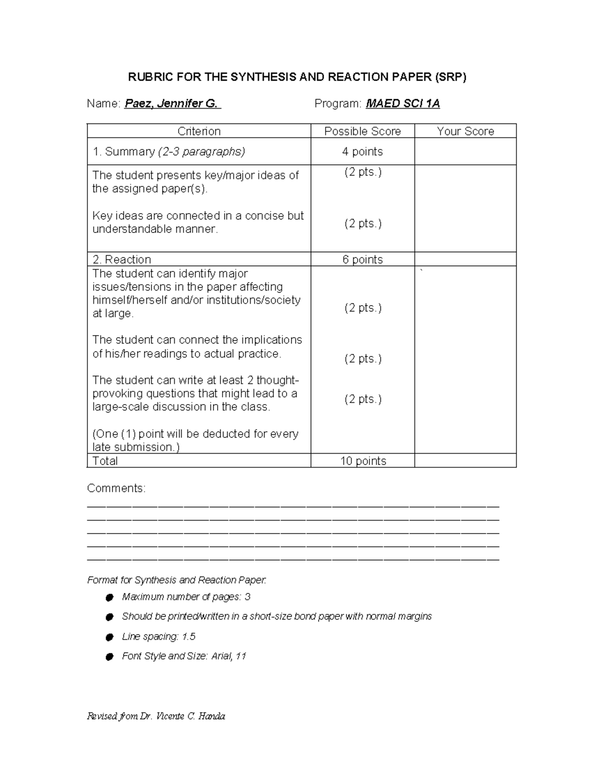 Rubric for Synthesis & Reaction Paper (SRP) Evaluation Criteria - Studocu