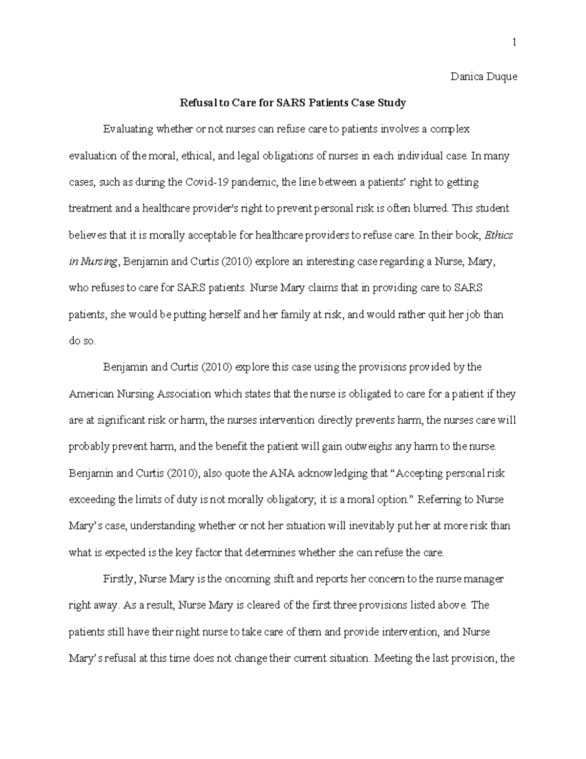 NUR 101: Case Study on Nurse Refusal to Care for SARS Patients - Studocu