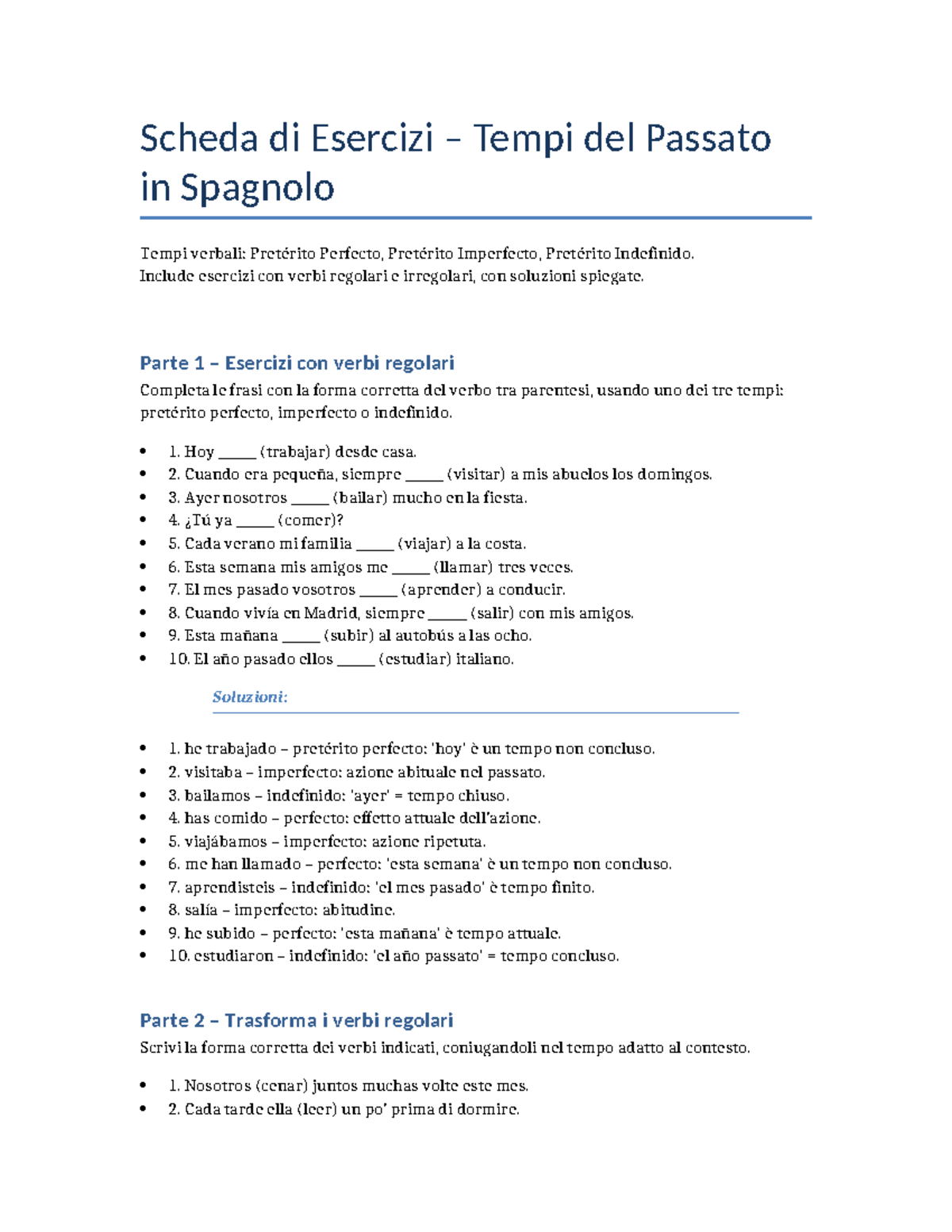 Scheda di Esercizi Completa sui Tempi Passati in Spagnolo - Studocu